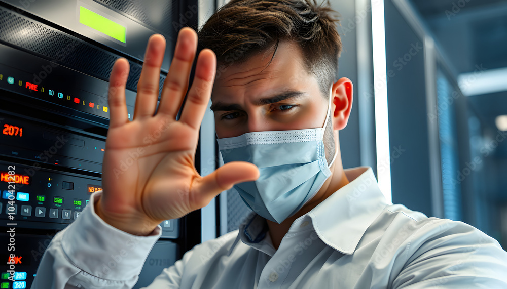 Technician in server hub doing face palm gesture, trying to protect hardware from hacker ...