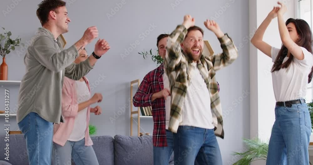 Dance party at home, happy carefree young friends dancing having fun ...