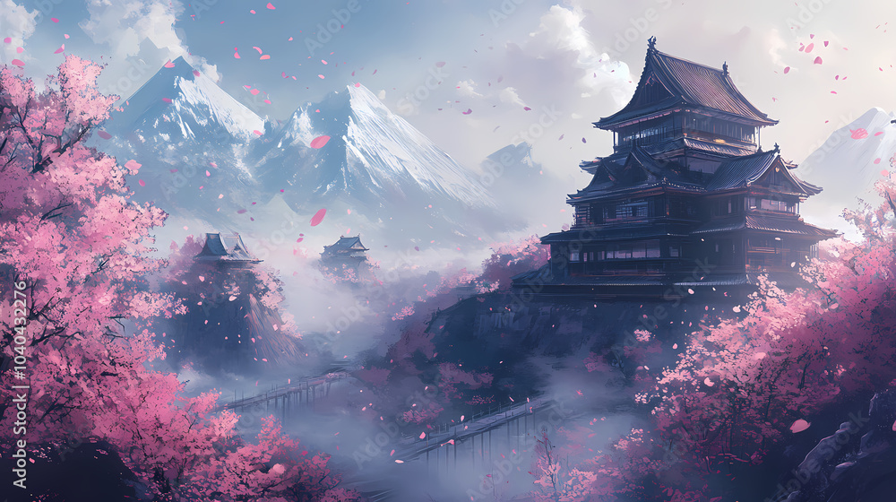 Samurai castle amid cherry blossoms feudal japan beauty. Feudal ...