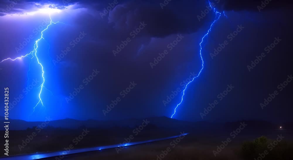 Animation of blue lightning flash bolt or thunderbolt on dark night sky ...
