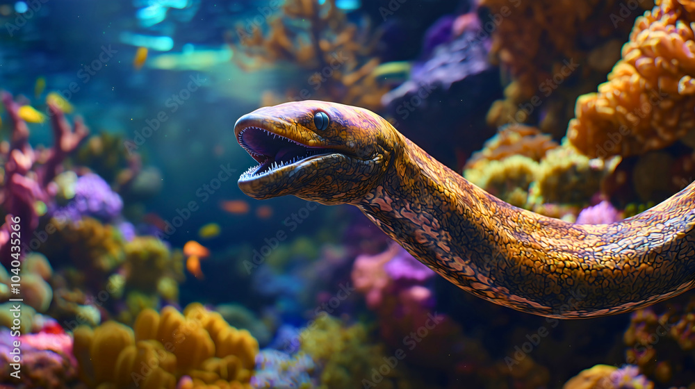 Eel fish with an elongated shape, large jaws, and sharp teeth, a fish ...