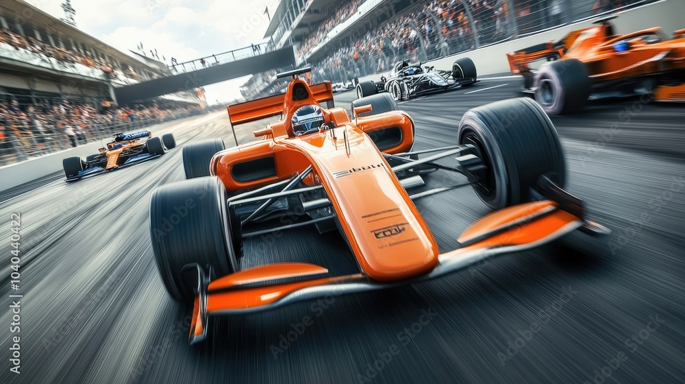 Point-of-View of an Orange Formula One Car on Track with Motion Blur ...