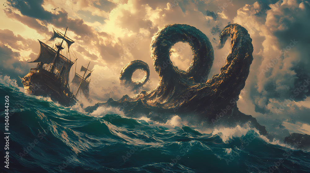 The kraken poster card cryptid illustration. giant mythical sea monster ...