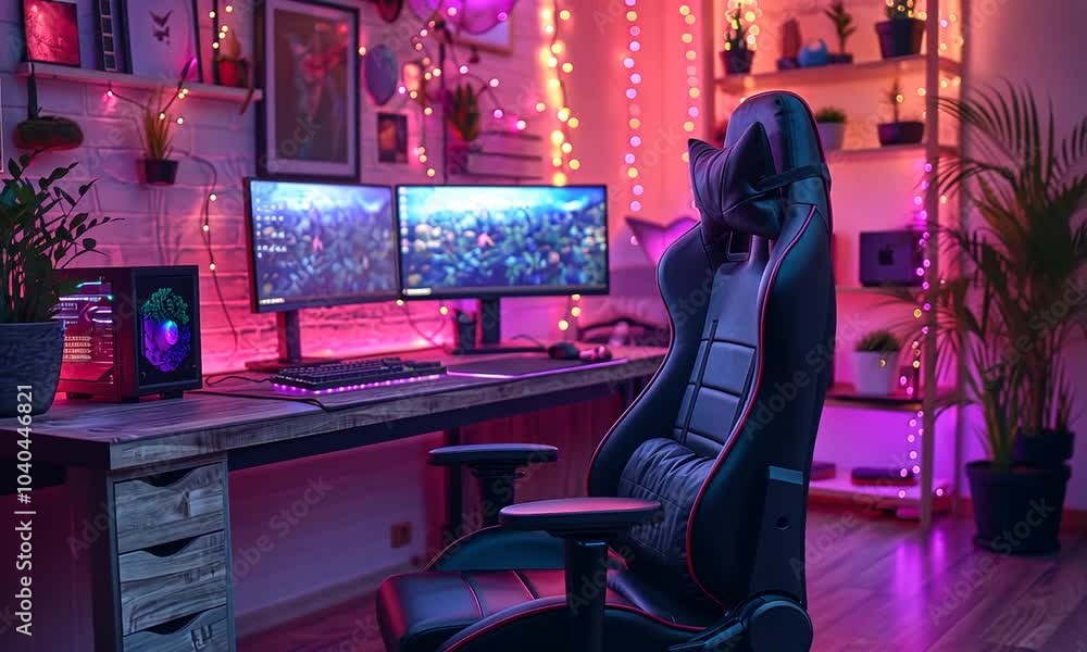 A black leather gaming chair with red stitching sits in front of a desk ...