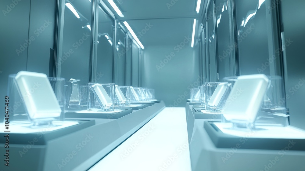 Futuristic display room featuring illuminated tech devices in ...
