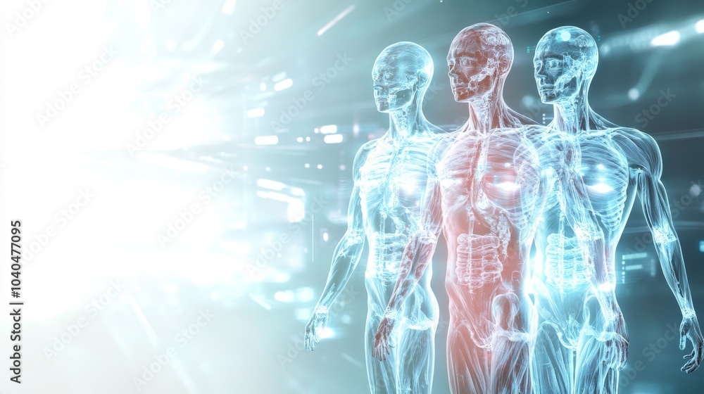 Three transparent human figures representing anatomy and technology ...
