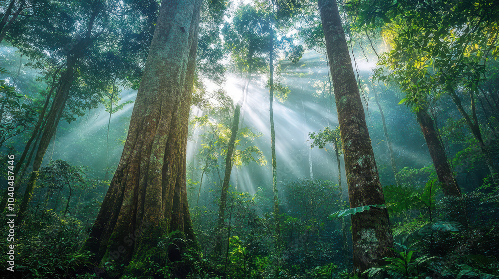 Emerald Rainforest Canopy in Morning Mist: Ancient Trees and Mystical ...