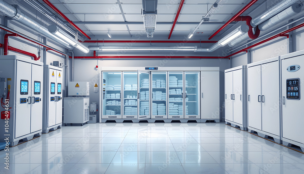Industrial refrigerated warehouse. Room with freezing equipment ...