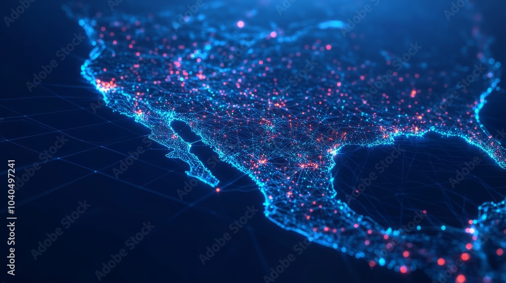 A 3D network map of the imaginary country, covered in glowing mesh ...