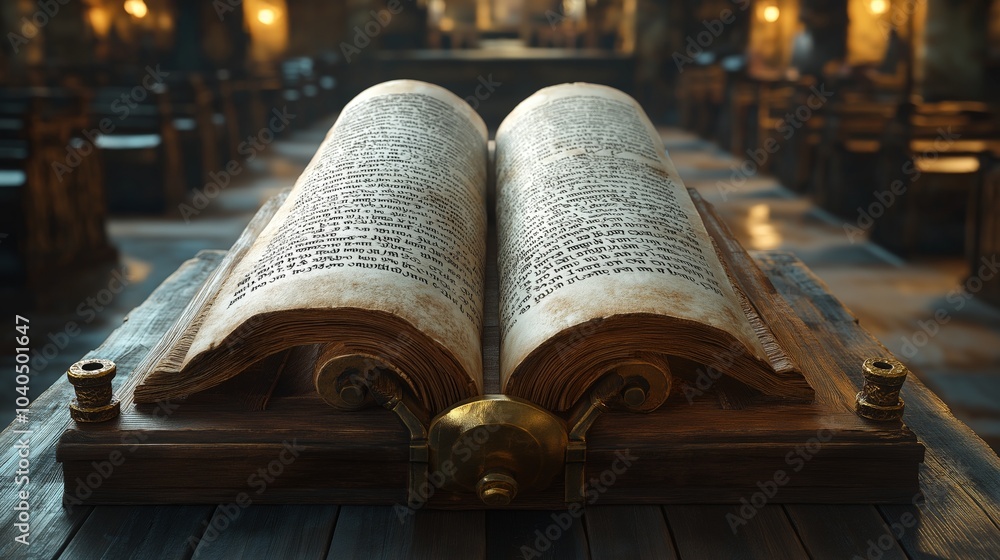 Ancient Hebrew religious scroll in a dimly lit synagogue, symbolizing ...