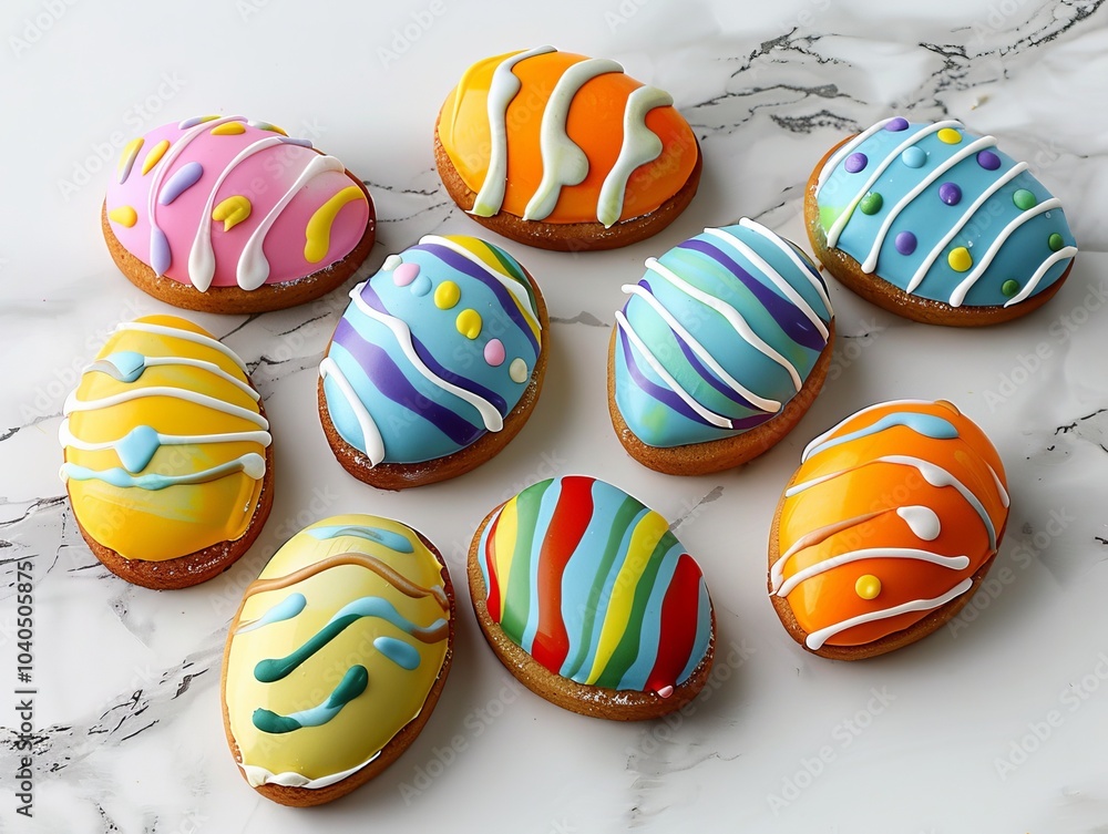 Assorted colorful iced Easter egg-shaped cookies placed on a marble ...