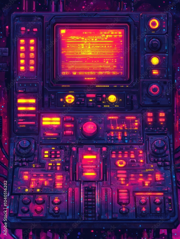Retro-Futuristic Control Panel with Neon Pink and Orange Lights, Sci-Fi ...
