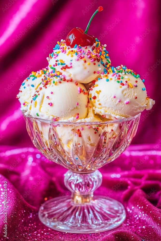 decadent ice cream sundae served in a vibrant, iridescent glass goblet ...