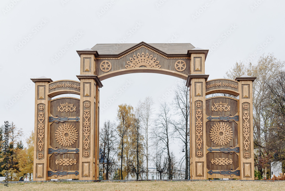 Russian North Gates, large wooden gates with decorative ornament, art ...