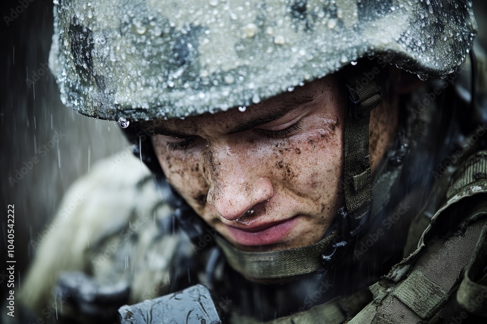 A soldier looks downward, reflecting amidst falling raindrops ...