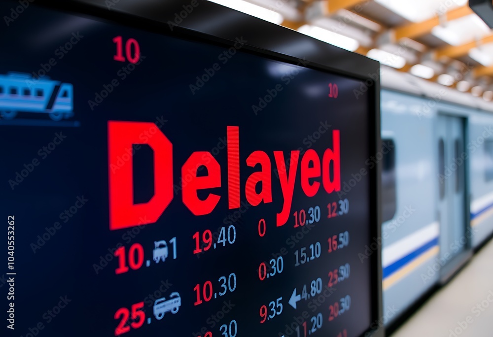An airport departure board displays multiple flights labeled as Delayed ...