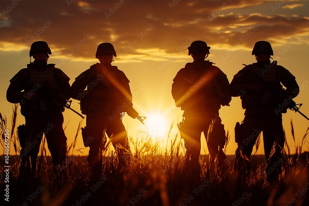 Silhouetted Soldiers in Combat Positions, Low-angle Shot With a Vivid ...