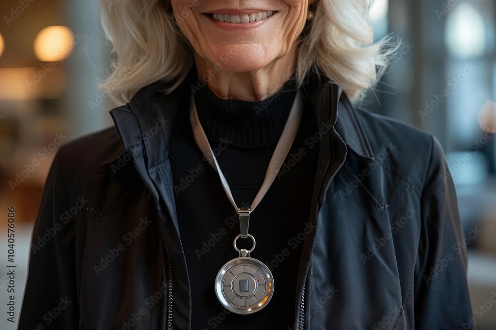 An elderly senior embracing the added safety and security of wearing an ...