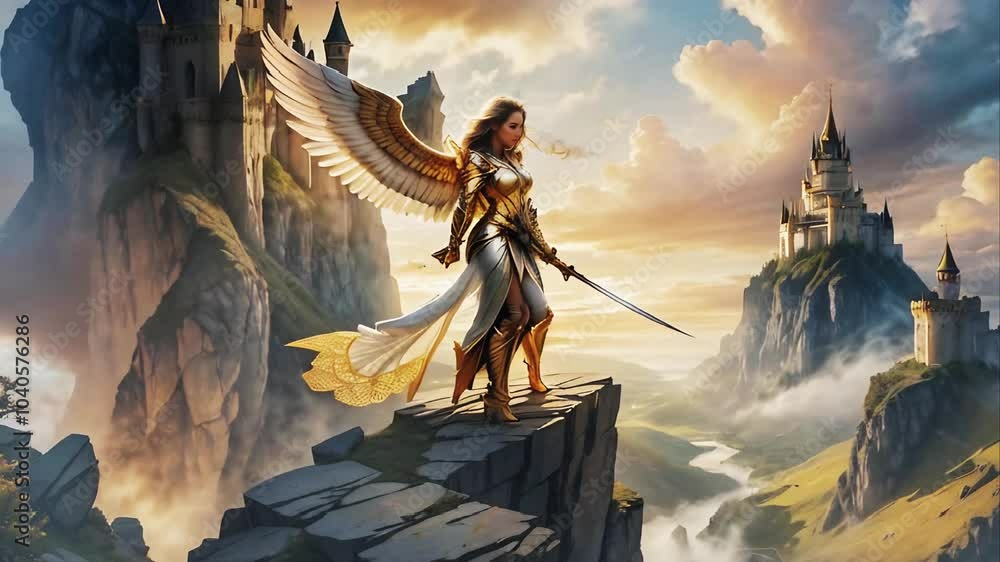 Golden Female Angel on Cliff Top 4K Loop features an A.I. generated ...