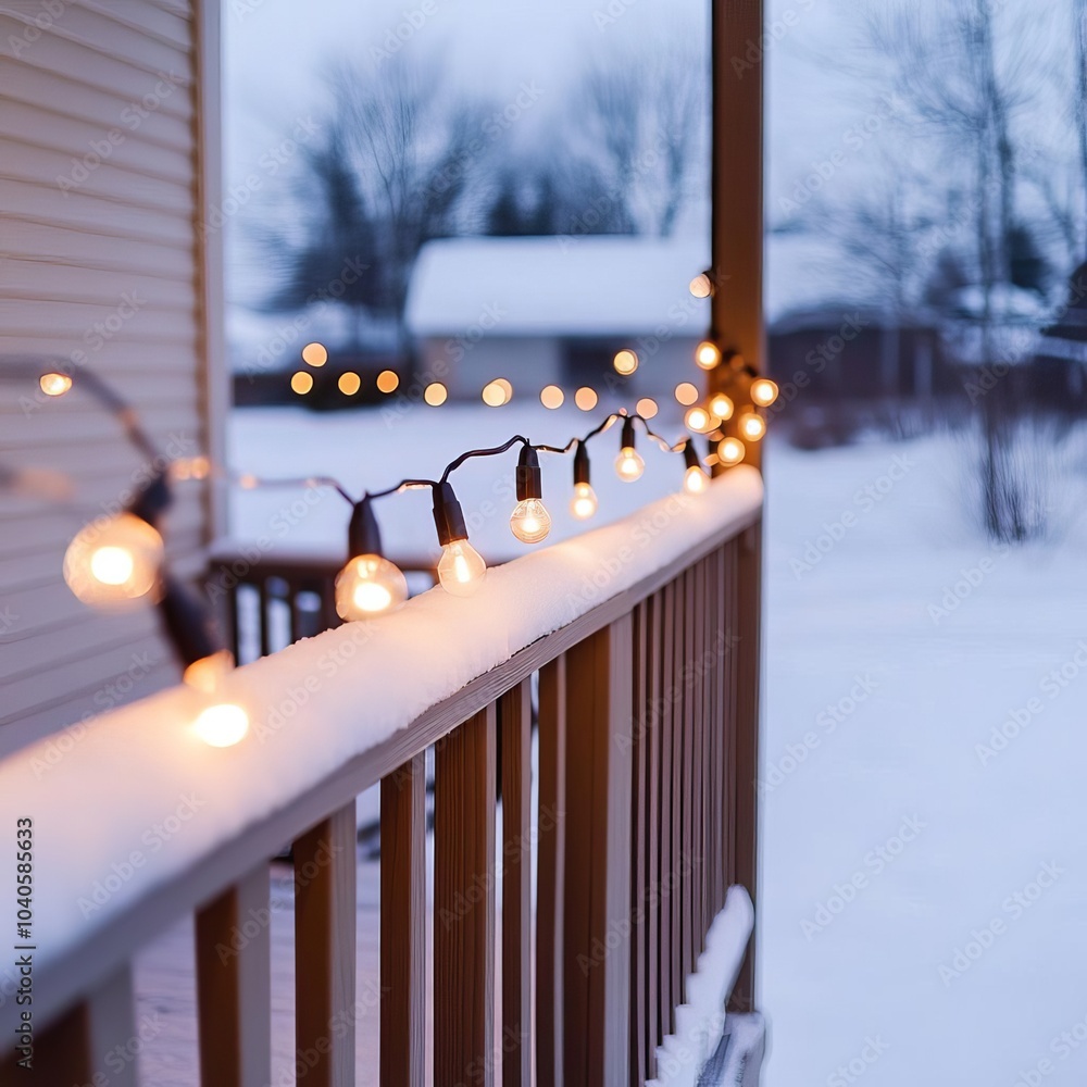 String lights wrapped around a wooden porch railing, creating a warm ...