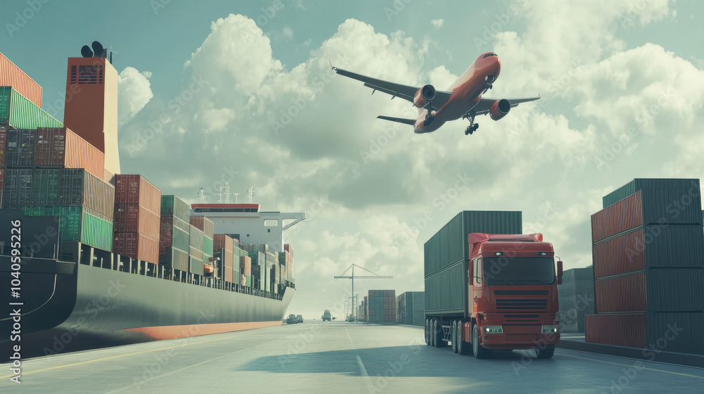 Efficient freight forwarding scene with cargo ship, truck, and airplane ...