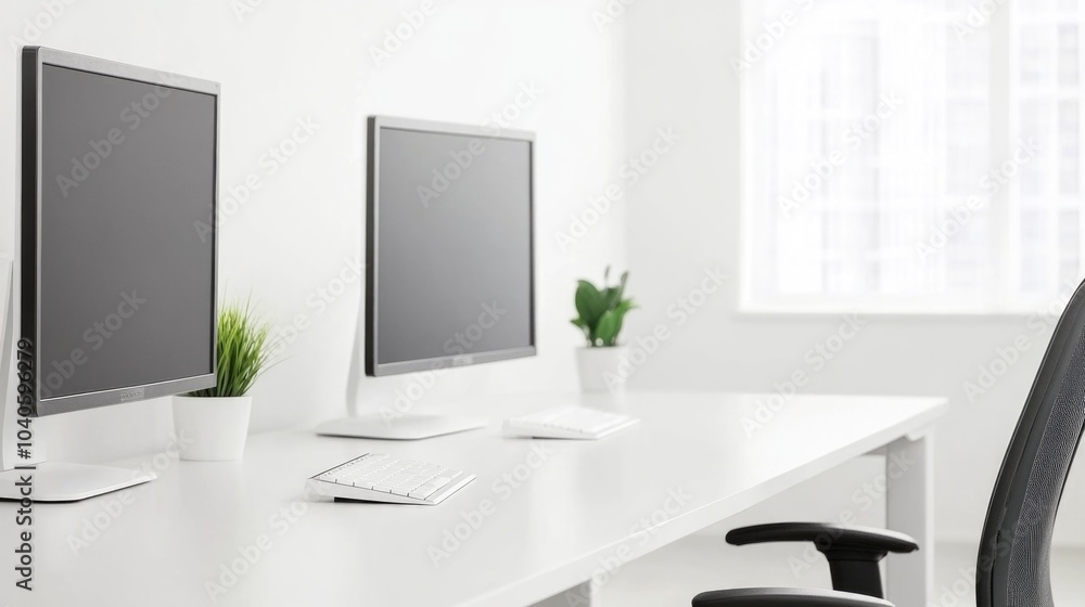 Minimalist office workspace with dual monitors and indoor plants in a ...