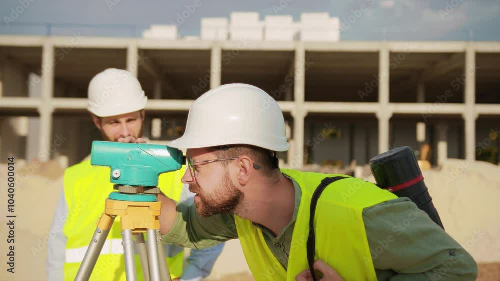 On work construction workers using theodolite surveying optical ...