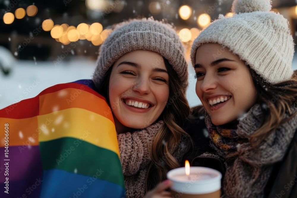 Two friends beam with joy as they hold warm cups, surrounded by a ...