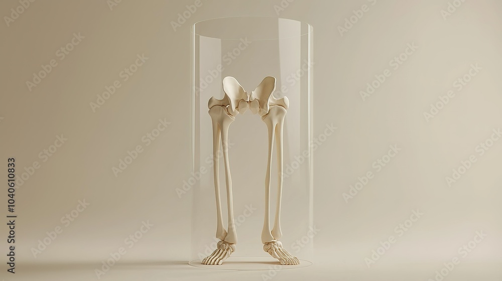 Human skeletal legs displayed in a clear exhibition case, illuminating ...