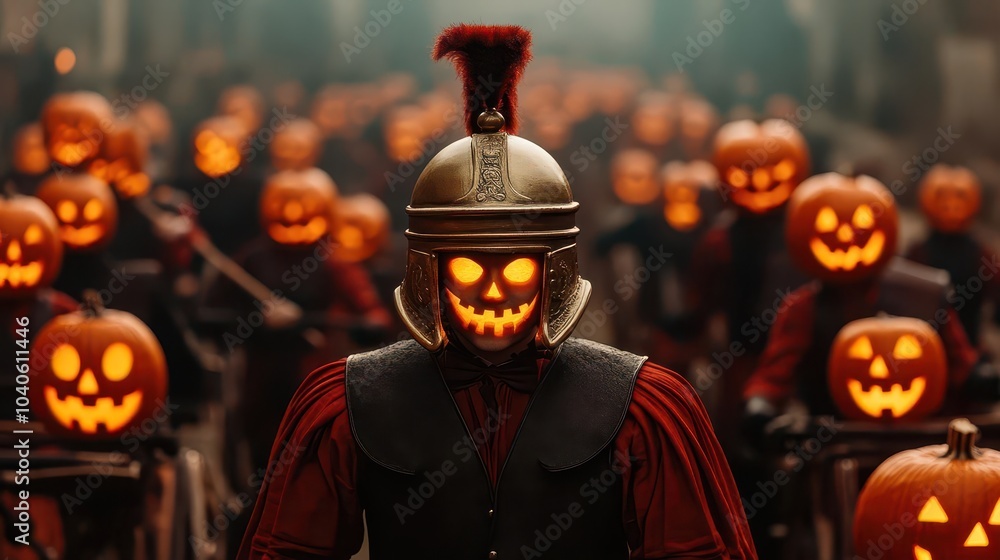 A Halloween parade with Roman chariots and jack-o'-lanterns moving ...