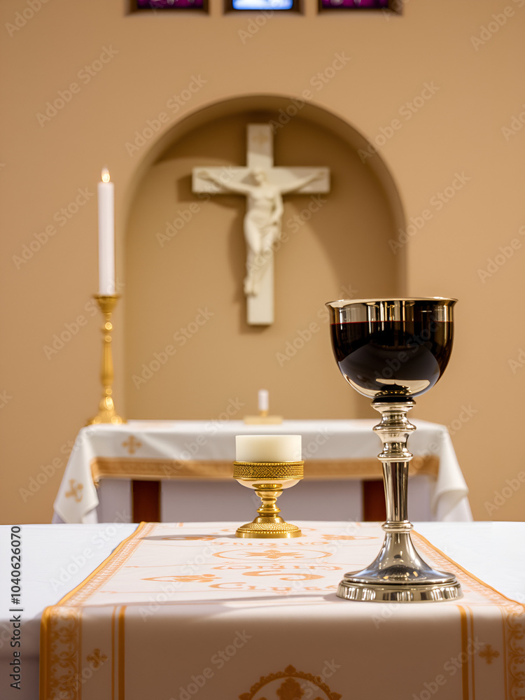altar with missal and host which becomes the body of Christ and chalice ...