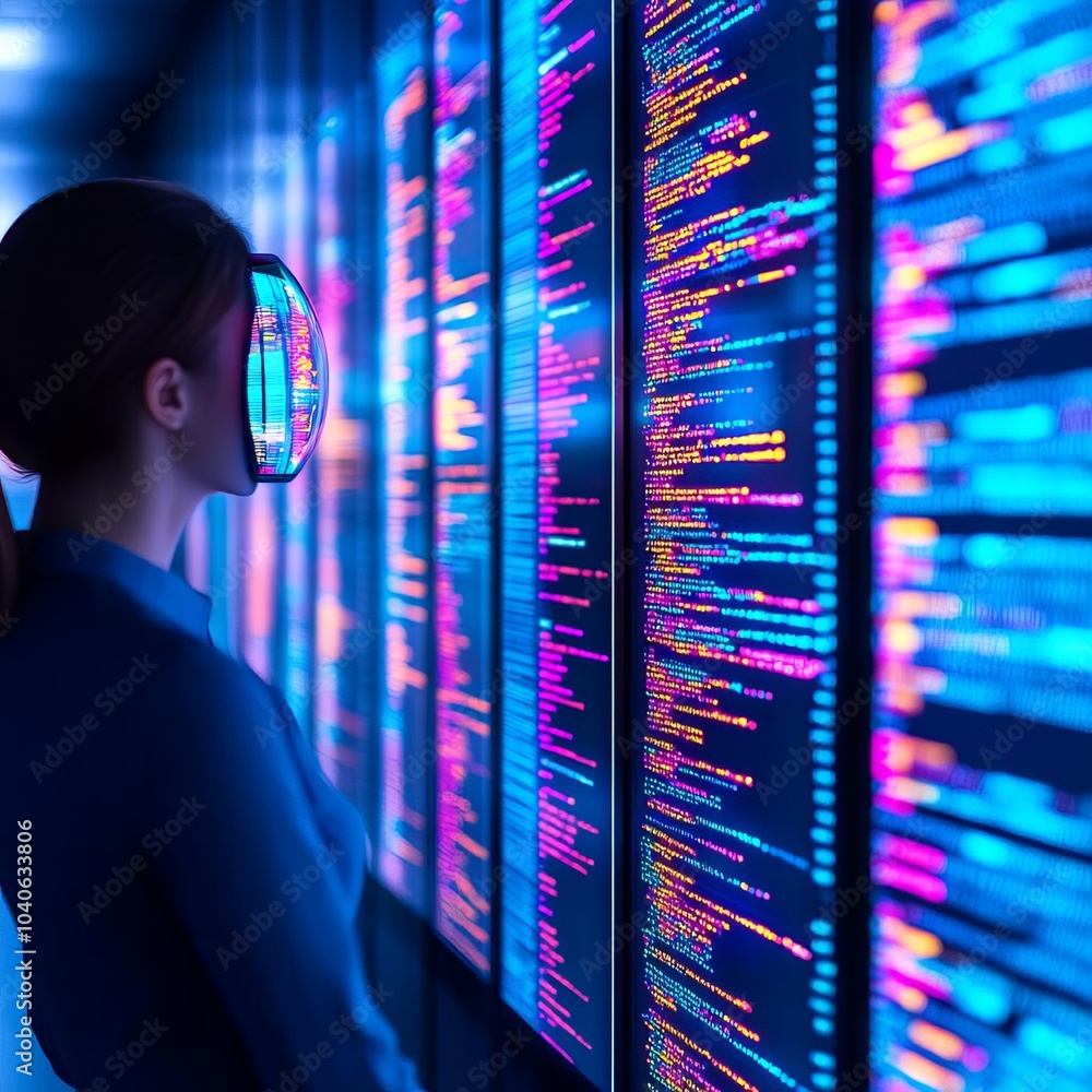 Software development holograms, coding visualizations, modern tech lab, high contrast Stock ...