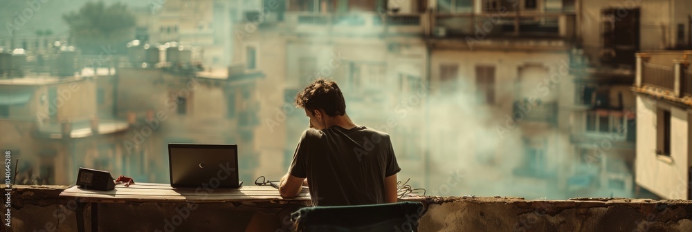 Bad neighborhood, upset man, ghetto balcony, gray high-rise buildings ...