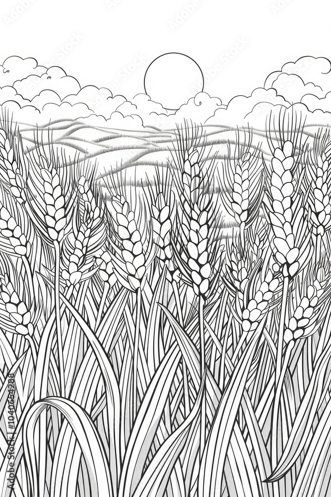 Coloring book illustration of a wheat field with close up ears of ...