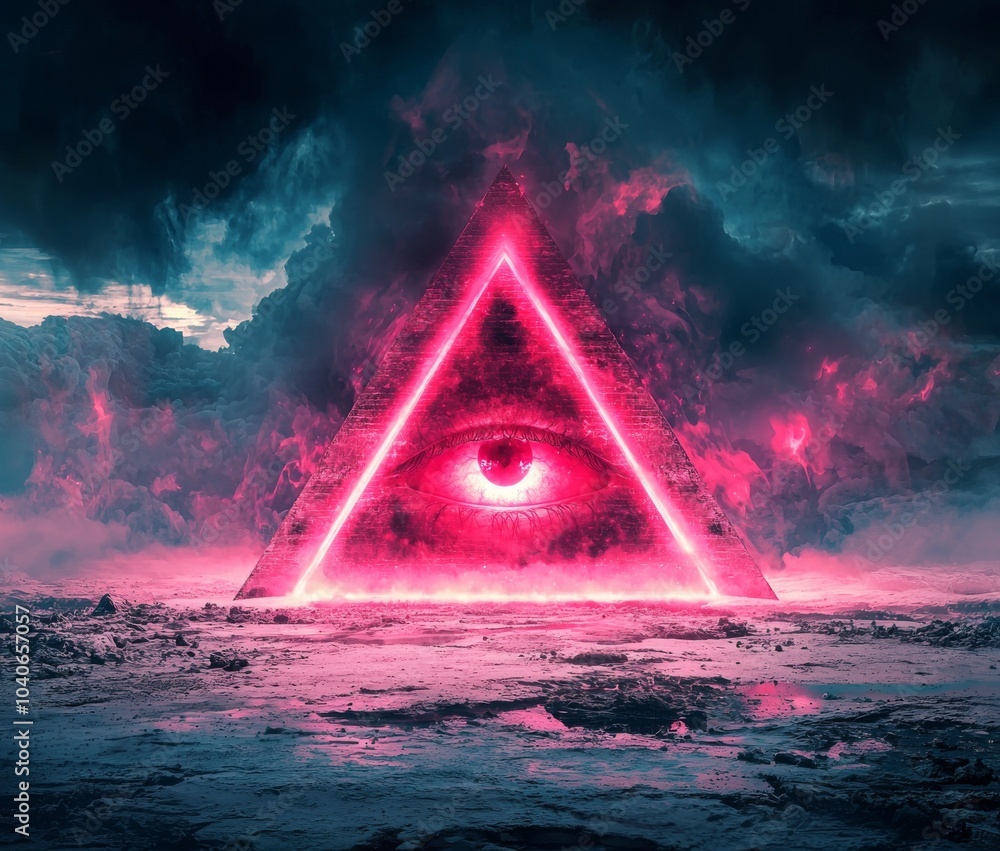 An all-seeing eye and pyramid are highlighted in neon against a black ...