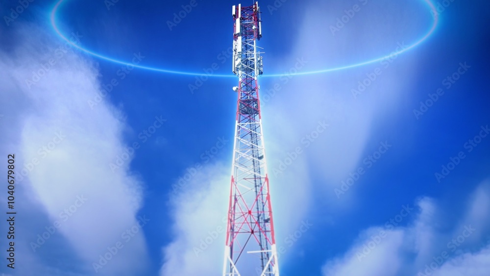 5G Fifth generation of telecom tower and radio signal animation. 3D ...