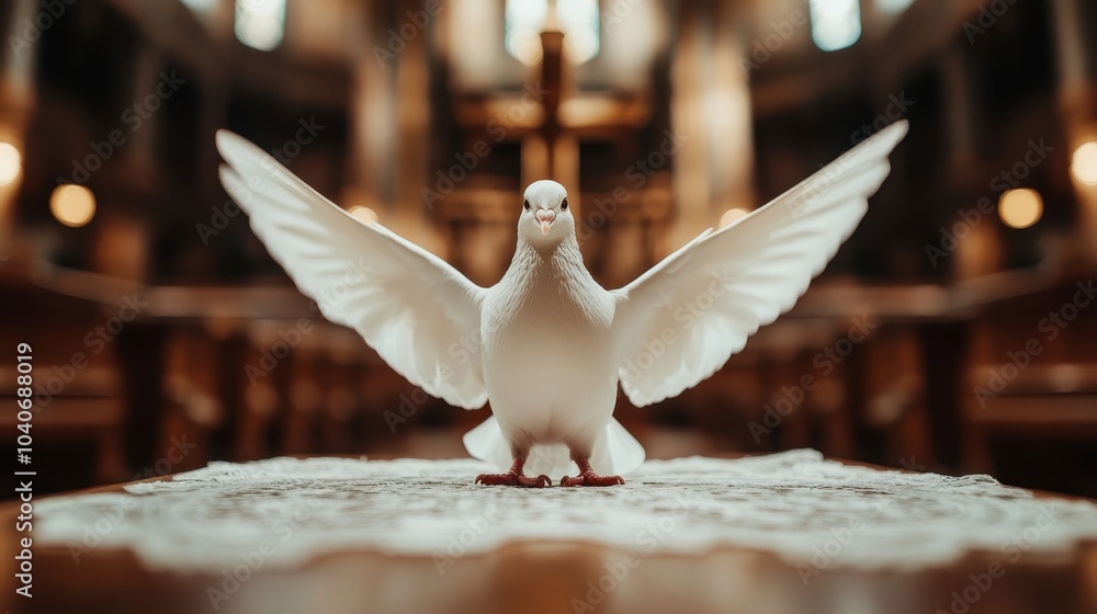 A white dove spreads its wings inside a church, symbolizing peace and ...