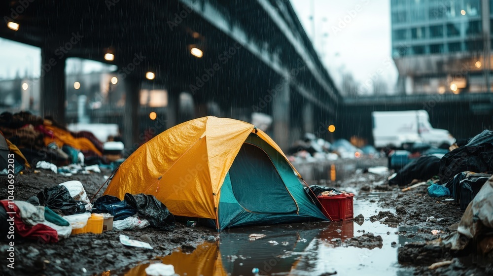 A vibrant orange tent sits amid puddles and debris under a city ...