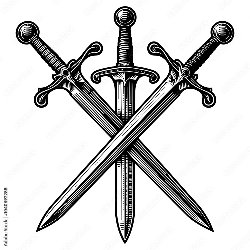 three crossed medieval swords in black and white, vintage engraving ...