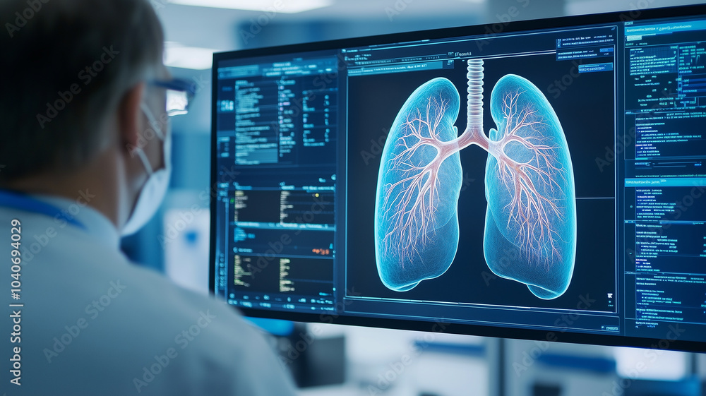 Pulmonologist Reviewing Lung Imaging. A pulmonologist examines detailed ...