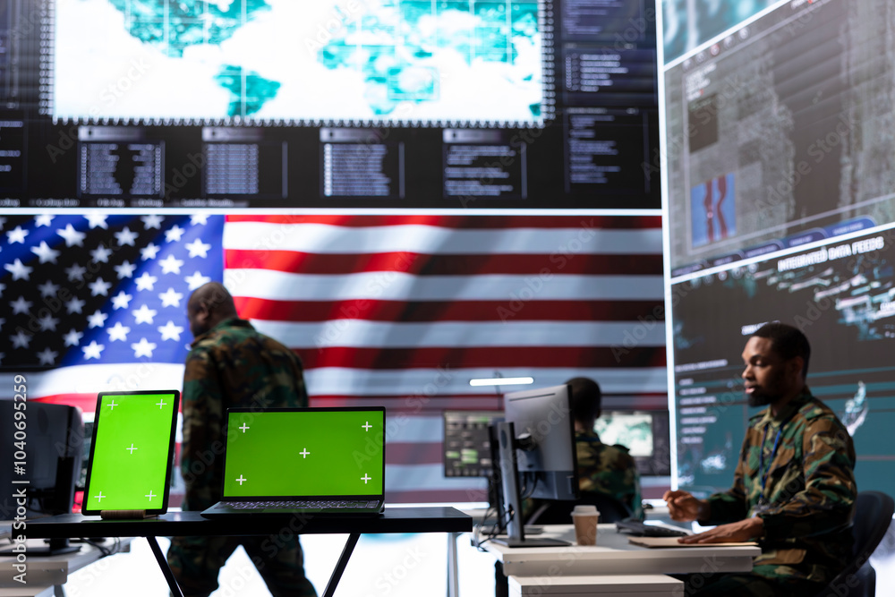 US army working in a top secret control center with isolated mockup ...