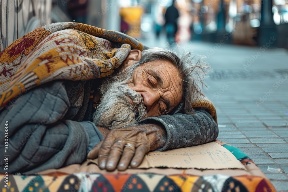 Old homeless man sleeping on cardboard, seeking help, food beggar on ...