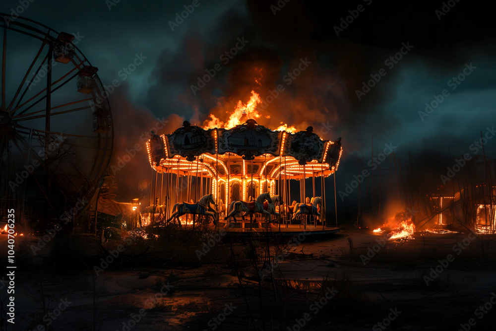 Amusement park on fire at night, with classic carousel of horses ...