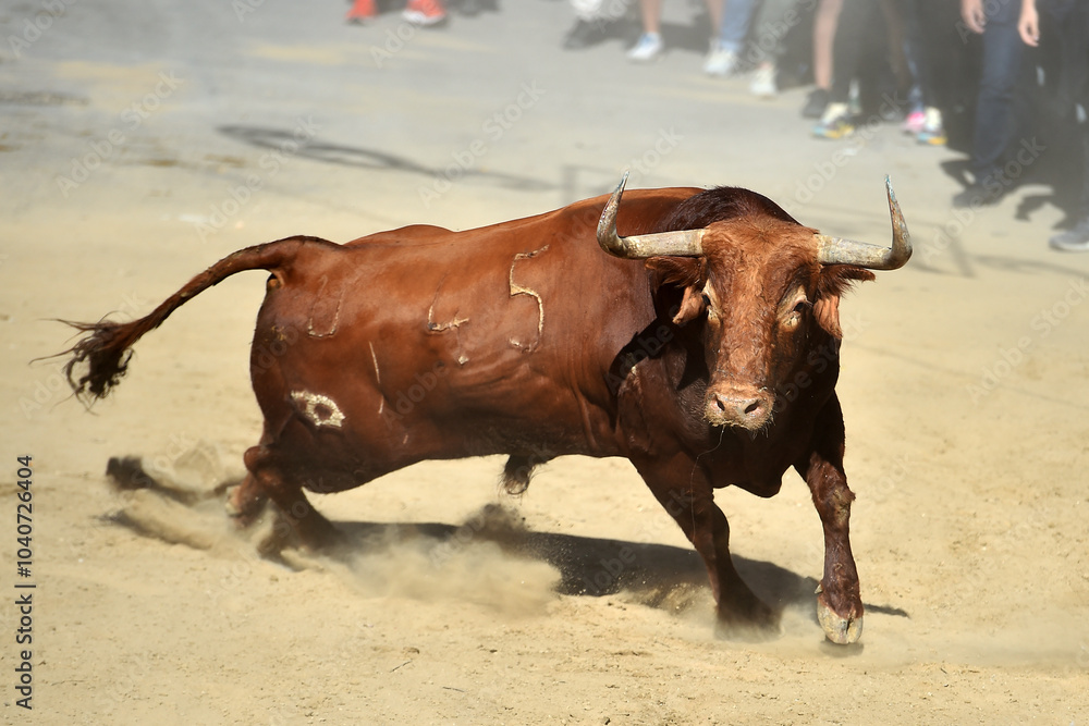 brave bull with big horns in a traditional spectacle of bullfight Stock ...