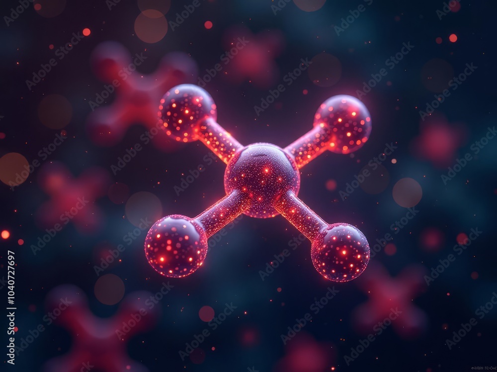 3D model of a red molecule structure on a dark background, intricate ...