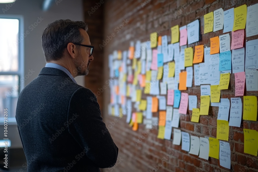 Businessman analyzes user journey map with sticky notes on a brick wall ...
