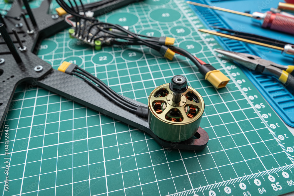 stack of disassembled sport FPV drone bodies lies on a work table, alongside engines and ...