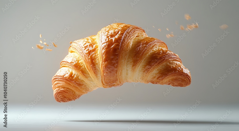 Croissant floating mid-air against light gray background, captured with ...