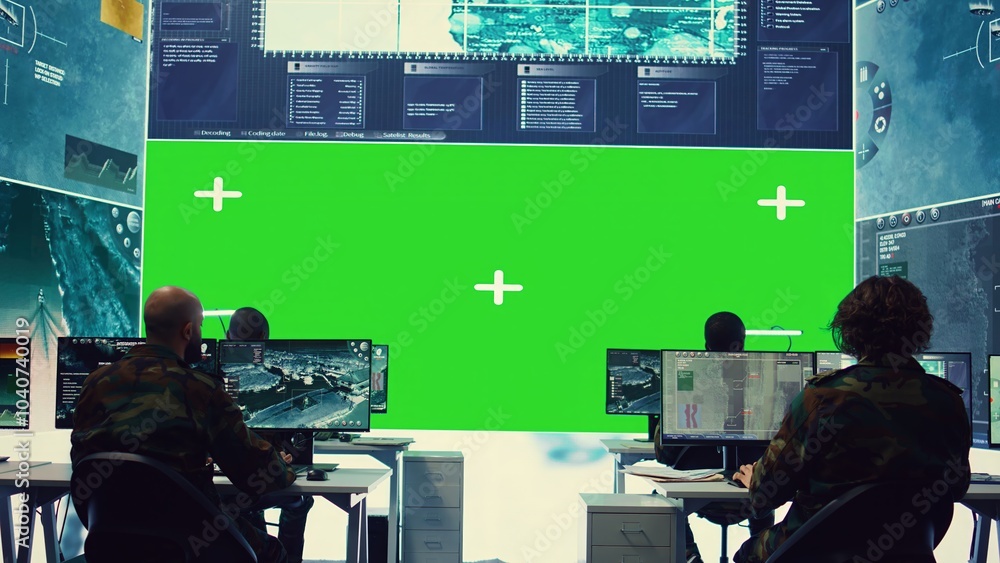 Diverse group of privates operating on a big screen isolated display ...