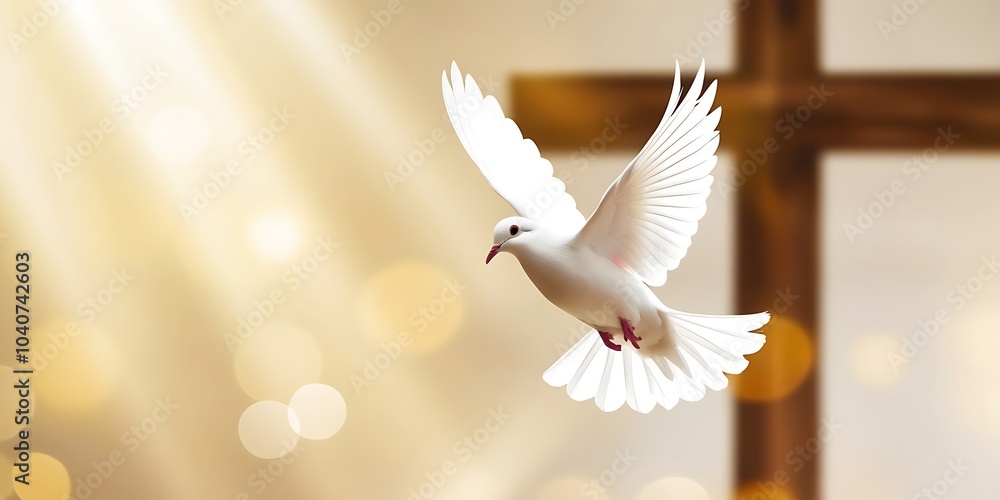 White dove flying. Holy spirit pigeon, church's colored stained glass ...